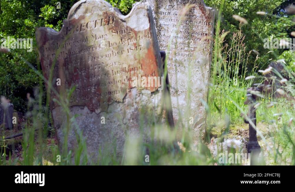 Two old headstones in disused graveyard from bottom to top in sunshine ...