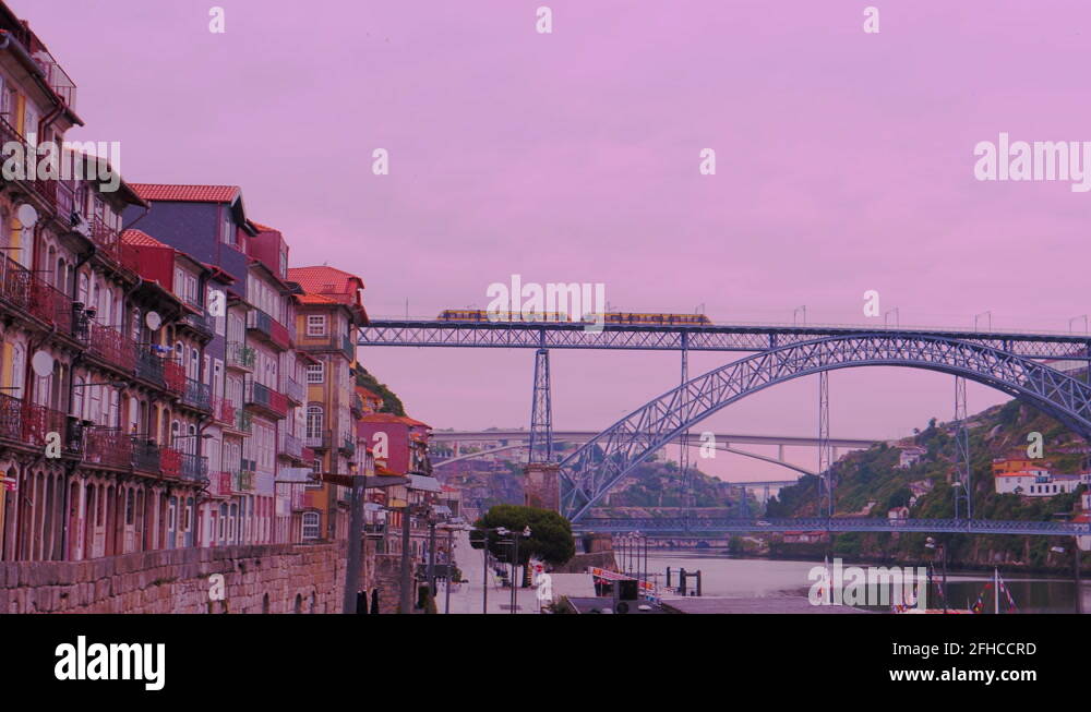 Ribeira Square historical square and Dom Luis Bridge in Porto, Portugal ...