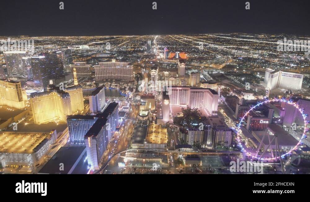 Night view from a helicopter flying over Las Vegas Strip Stock Video ...