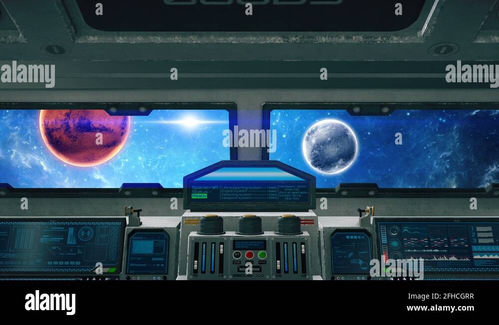 Spaceship cockpit interior rotating, inside of alien spacecraft cabin ...
