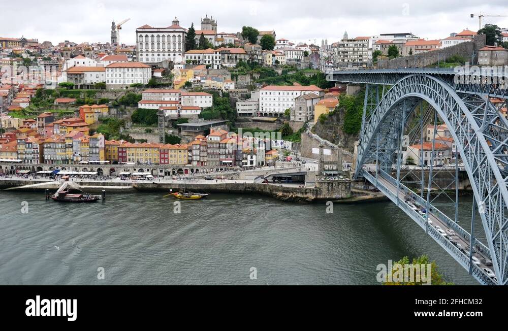 519 Aerial 4k time lapse in Porto . The Luis I Bridge is a double-deck ...