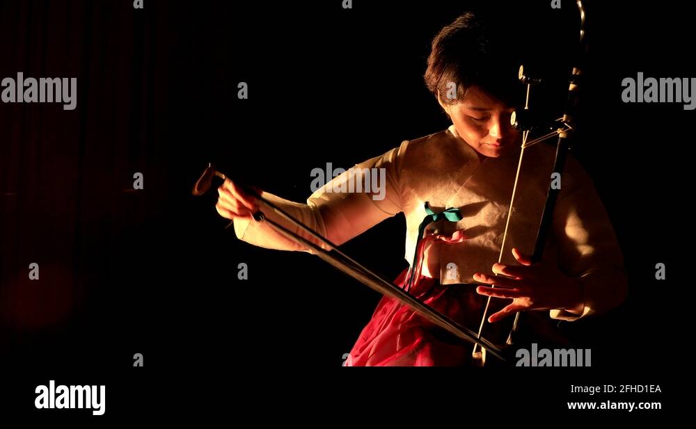 Korean female musician playing the Haegeum, Korean traditional string ...
