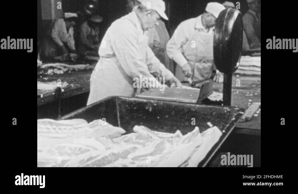 1950s: Meat processing plant. Man weighs and inspects meat Stock Video ...