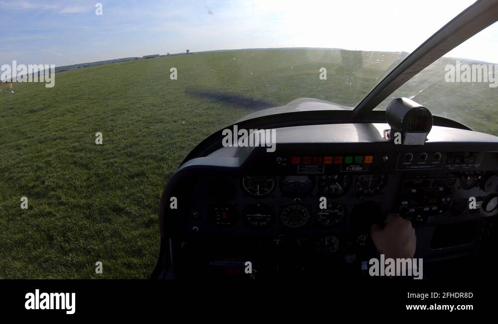 Pilot and cockpit's view take-off in a light single engine propeller ...