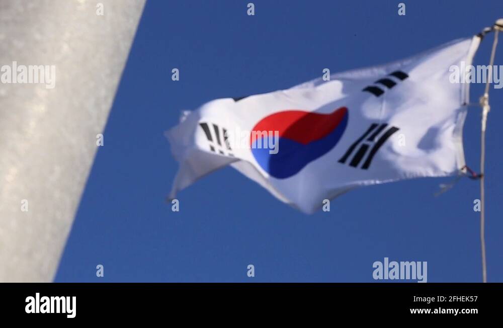 Korean flag waving in the wind with blue skies facing north Stock Video ...