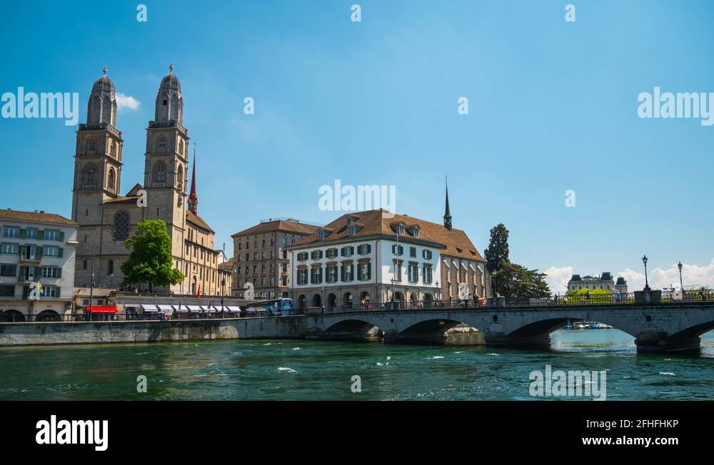 sunny zurich city river pedestrian bridge panorama 4k timelapse ...
