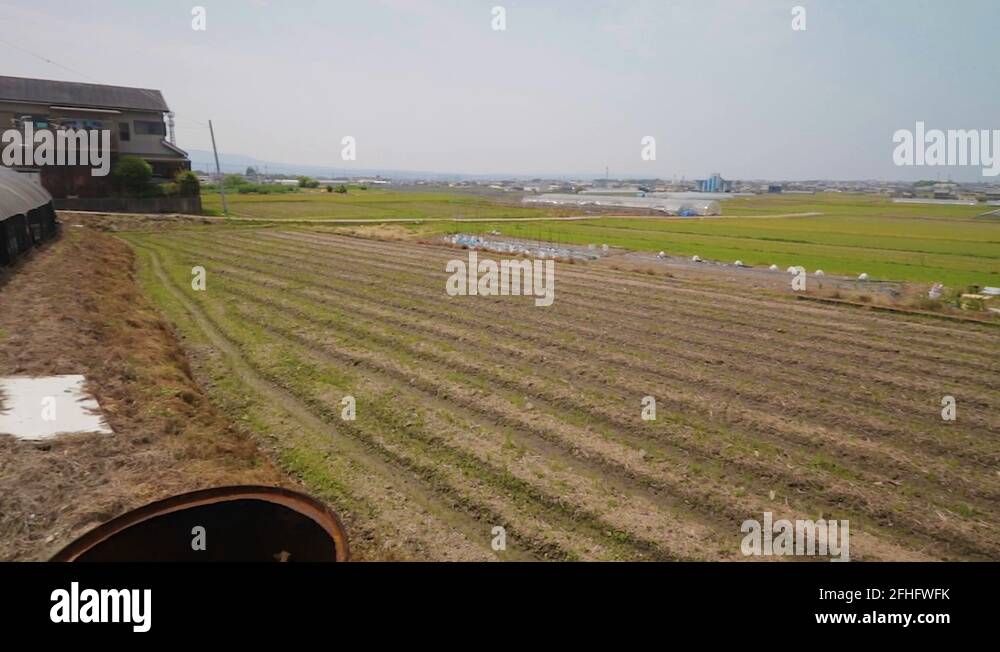 Pan from left to right showing a padi field with blue sky and mountains ...