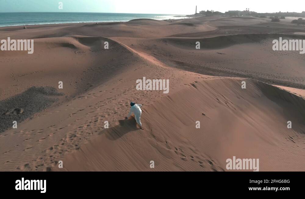 Long Journey, Traditional Nomadic Wanderer Walking The Desert, Drone ...