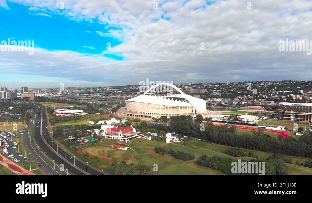 Aerial shots of Moses Mabhida stadium form the beach area in Durban ...