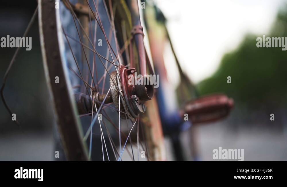 Rainbow colored bike front wheel in focus, standing in copenhagen ...