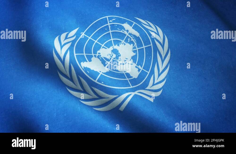 Realistic flag of United Nations waving with highly detailed fabric ...