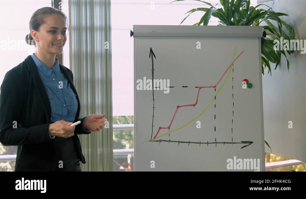 Business coach shows a graph of sales growth while giving presentation ...