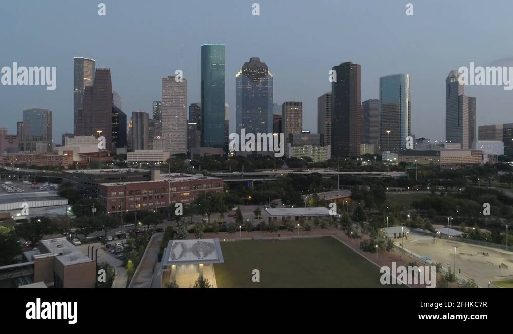 This video is of an aerial view of downtown Houston skyline at night ...