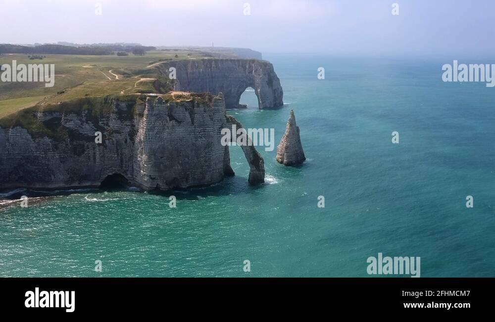 Drone footage of the cliffs (Elephant Cliff) of Étretat, France Stock ...