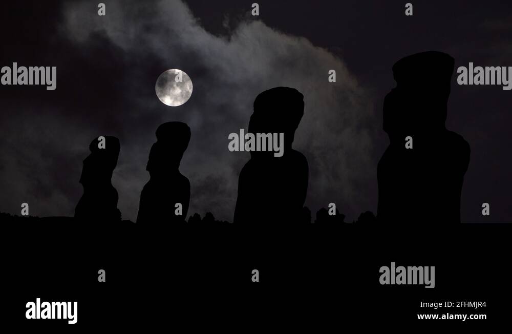 Moai of Easter Island in eastern Polynesia, Full Moon and Clouds Time ...