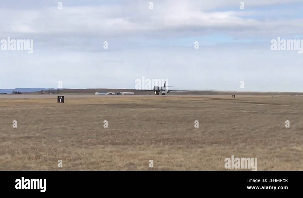Rockwell B-1 Lancer take off from runway at Ellsworth Air Force Base ...