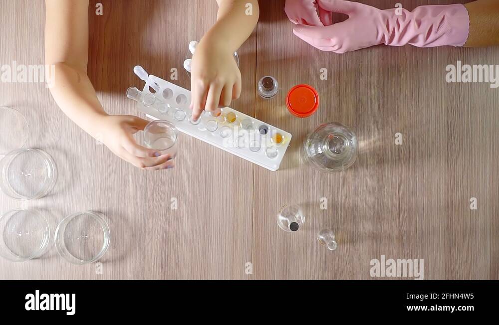 little girl is pouring water in a chemical laboratory vials under adult ...