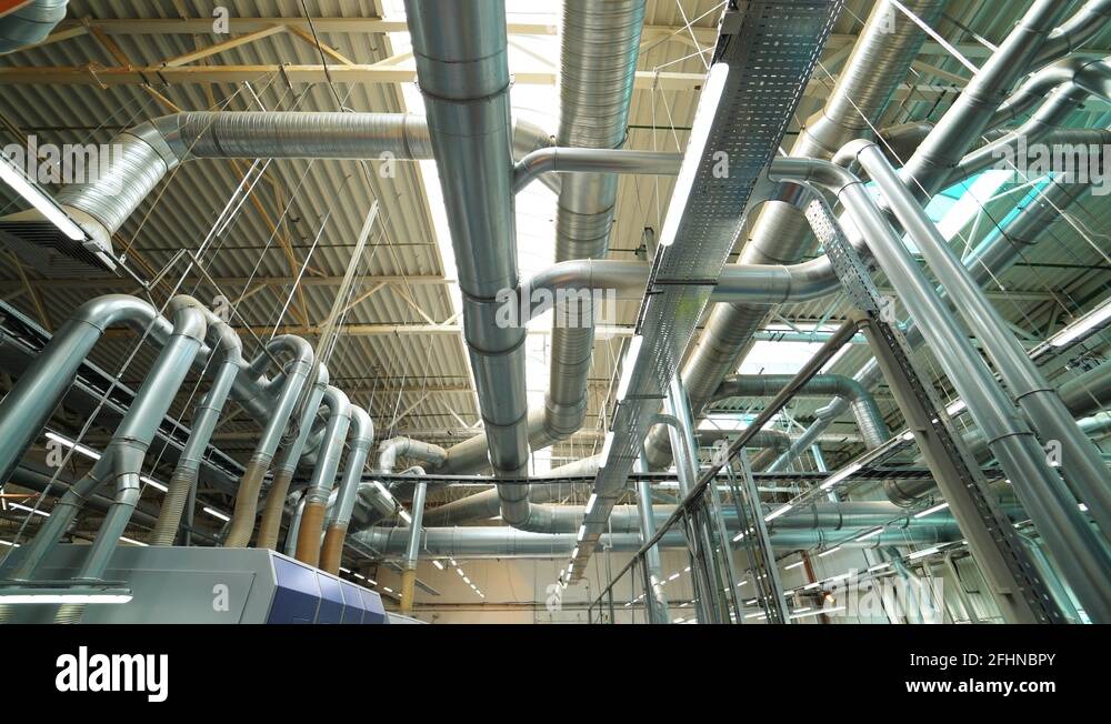 Industrial factory ceiling with ventilation system and lights ...