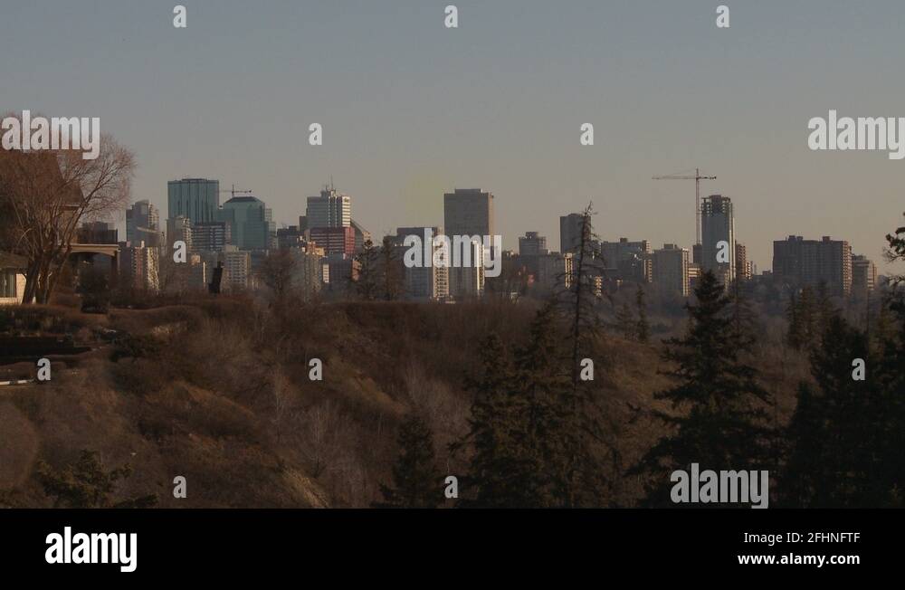 Eastward-looking view of river valley and partial downtown Edmonton ...