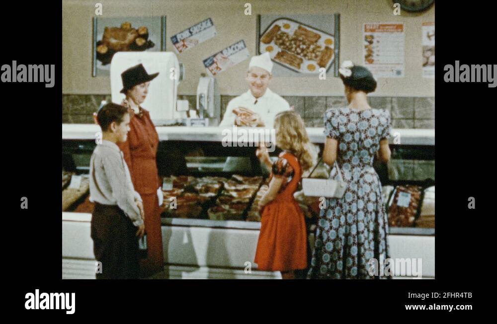 1950s: Girl talks to butcher. Butcher responds to families. Meats in ...