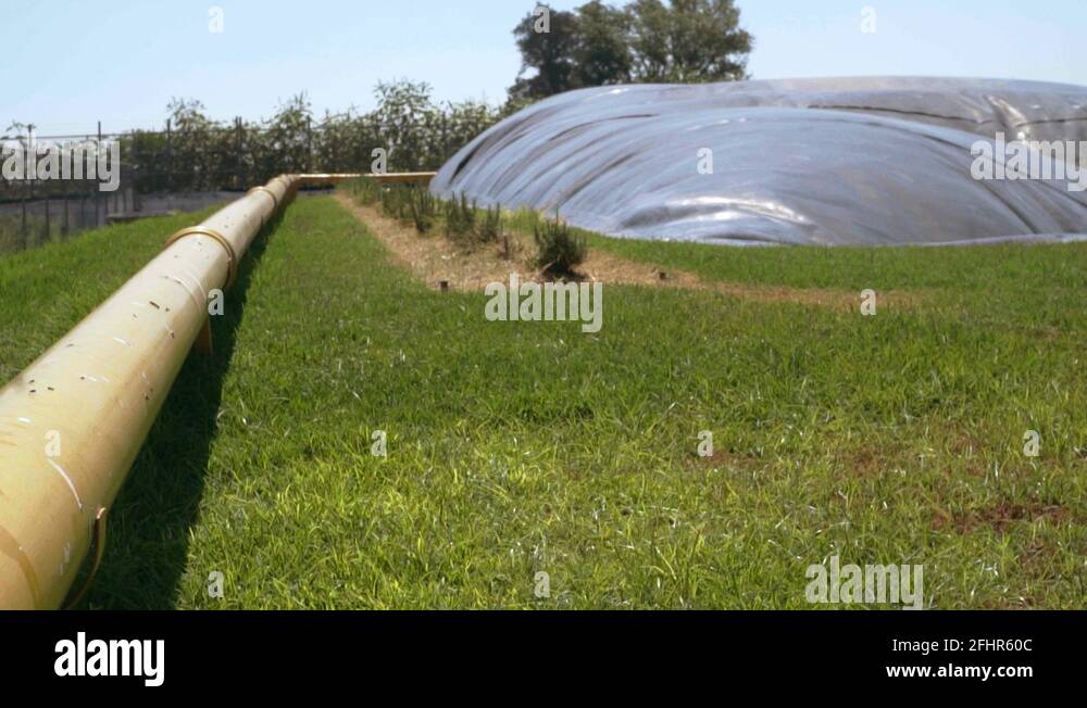 Industrial gas pipe feeds a huge inflatable tarpaulin outside a factory ...