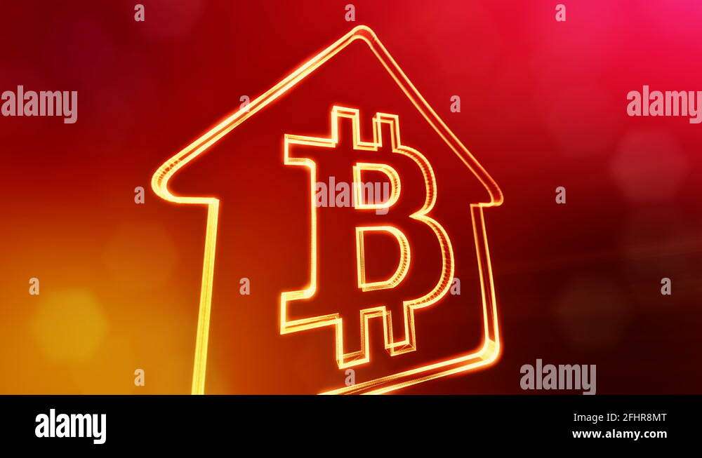 logo bitcoin inside the emblem of the house. Background made of glow ...