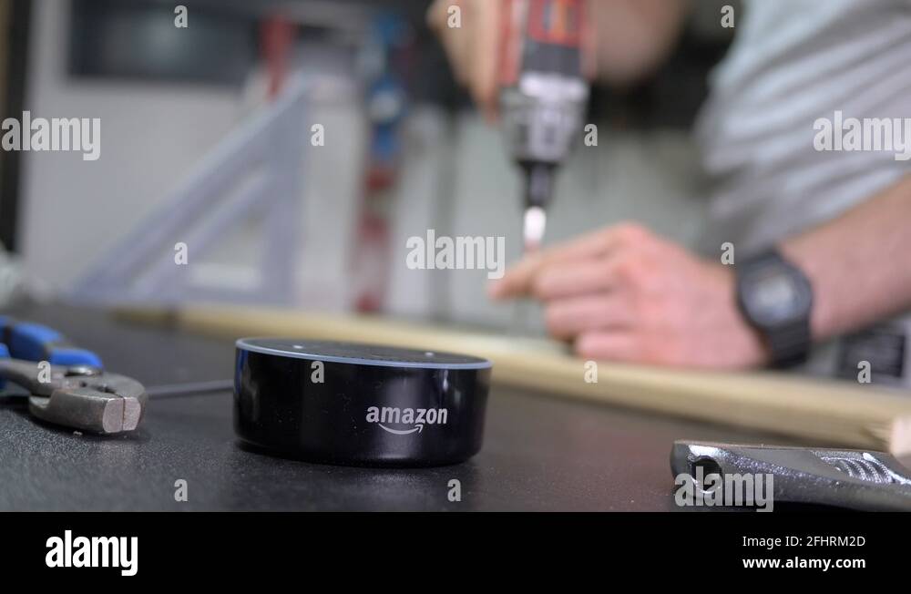 Smart Home Assistant Device Inside a Garage Workshop Stock Video ...