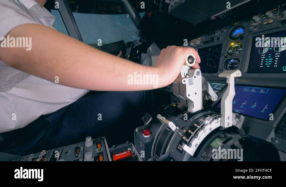 Male aviator is preparing the plane to take off. Cockpit cabin flight ...