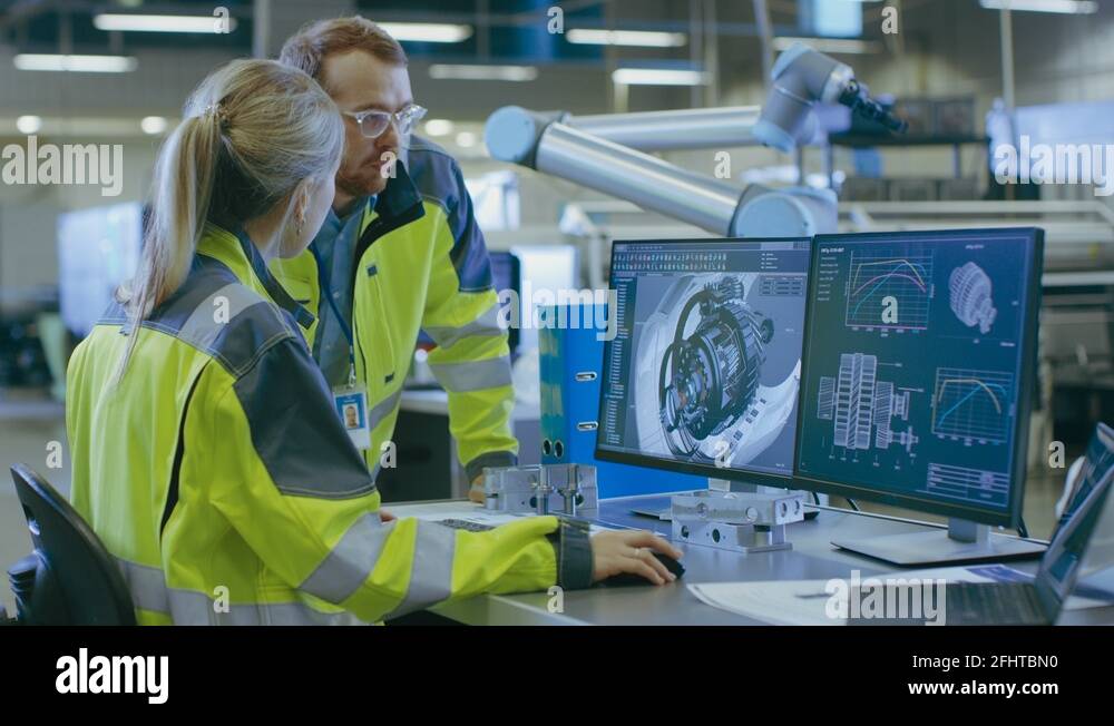 At the Factory: Male Mechanical Engineer and Female Chief Engineer Work ...
