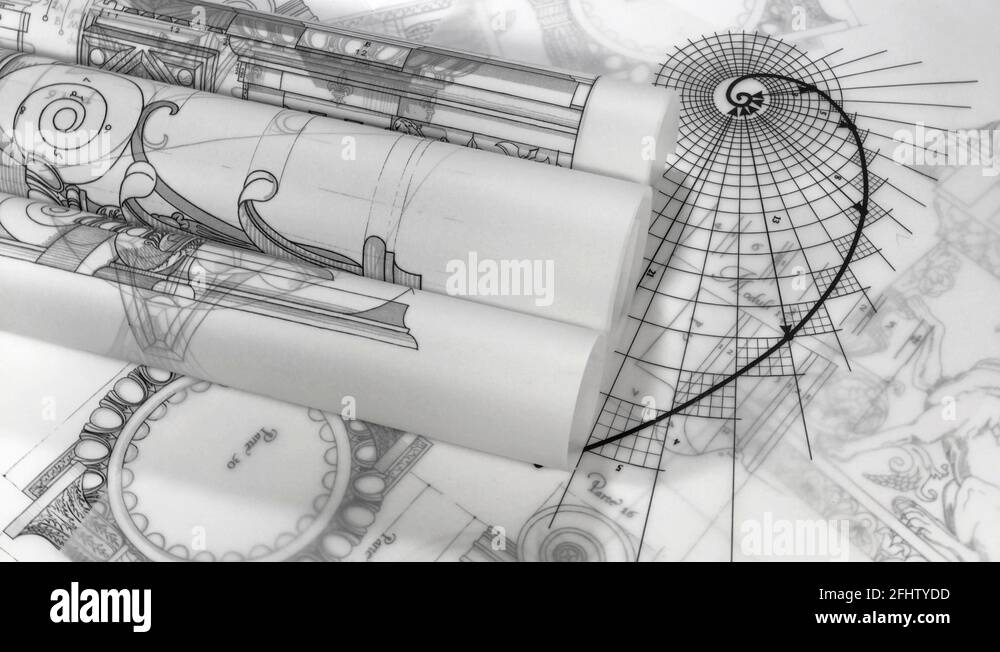 rolls of blueprints - drawing of the golden section and drawings Stock ...