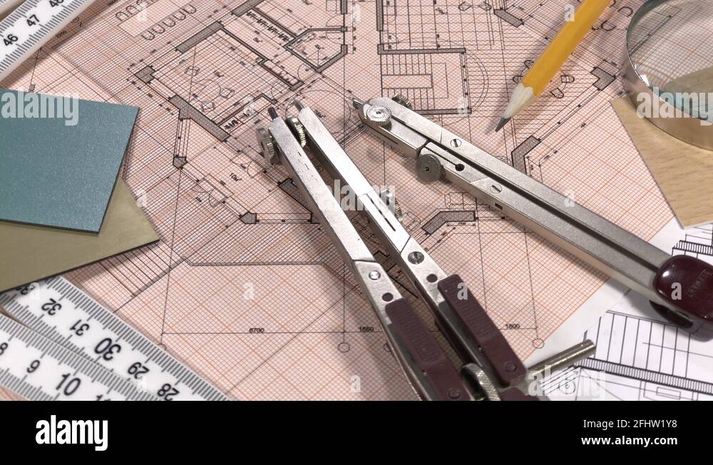 Blueprints: architectural drawings, yardstick - folding ruler & samples ...