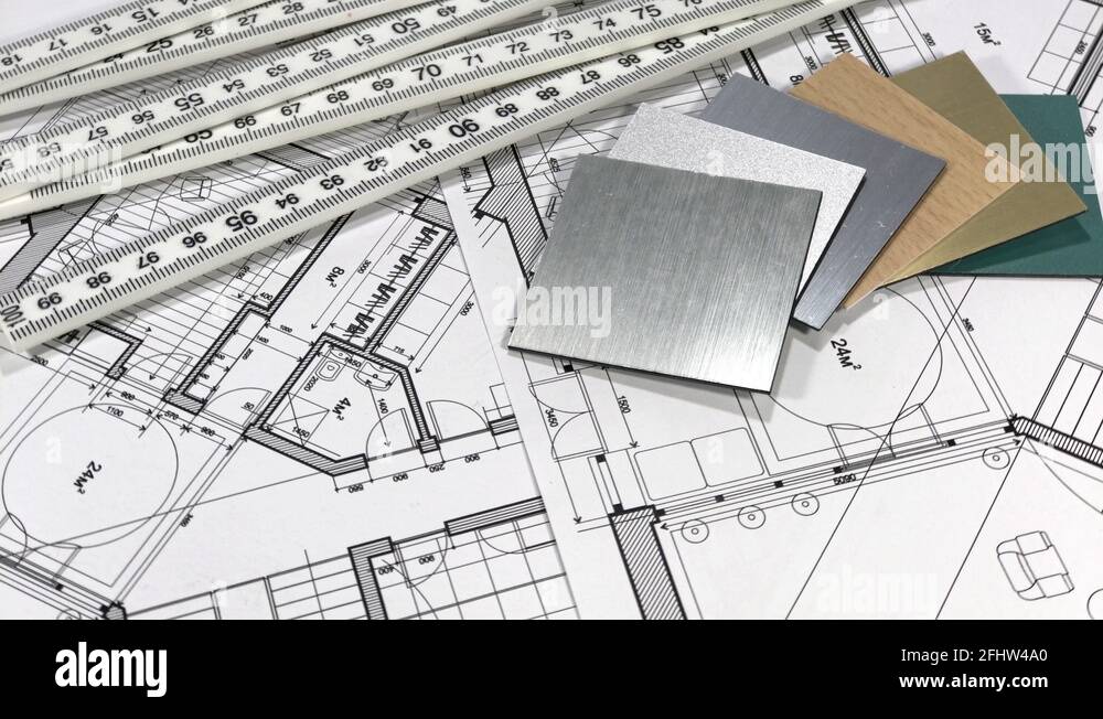 Blueprints: architectural drawings, yardstick - folding ruler & samples ...