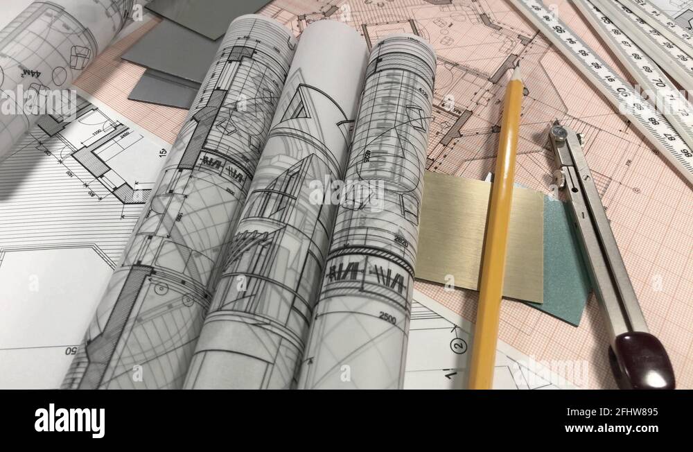 Blueprints: architectural drawings, yardstick - folding ruler & samples ...