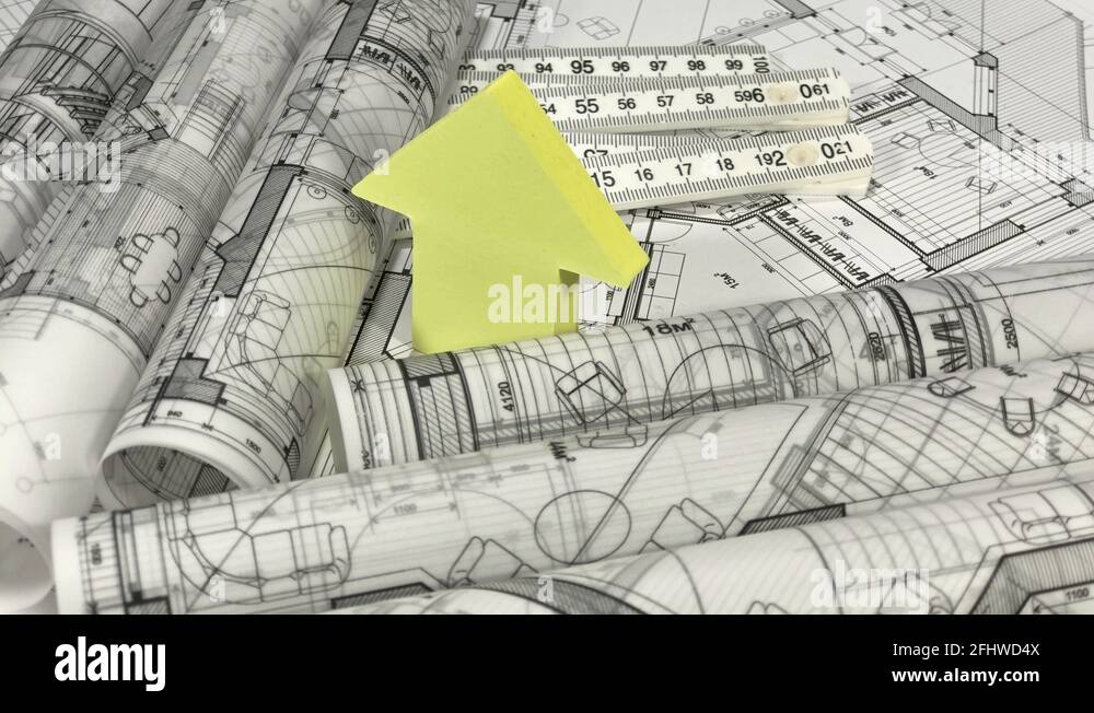 Blueprints - rolls of architectural drawings, yardstick - folding ruler ...