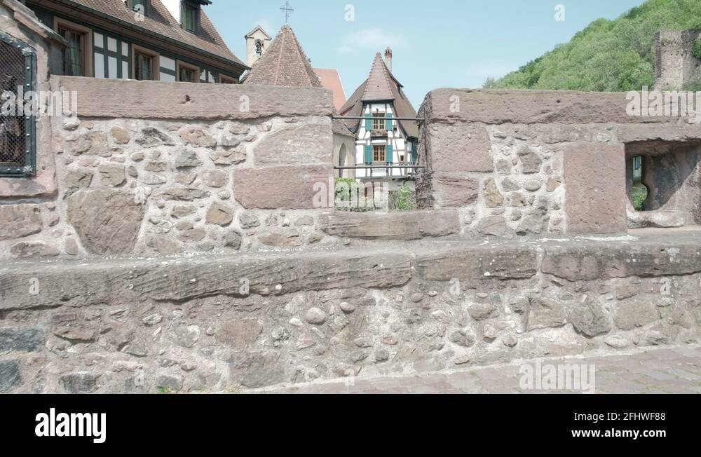 Forward Push-In Bridge Rampart Wall Reveal Old Village Houses River ...