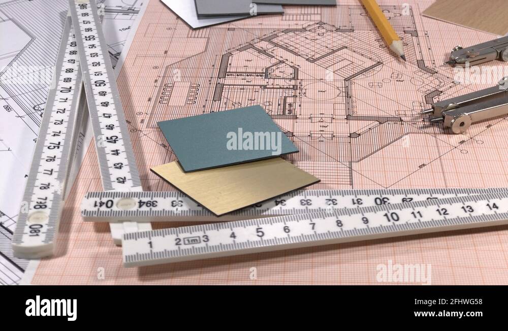 Blueprints: architectural drawings, yardstick - folding ruler & samples ...