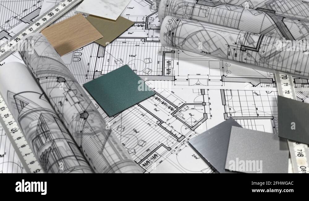 Blueprints: architectural drawings, yardstick - folding ruler & samples ...
