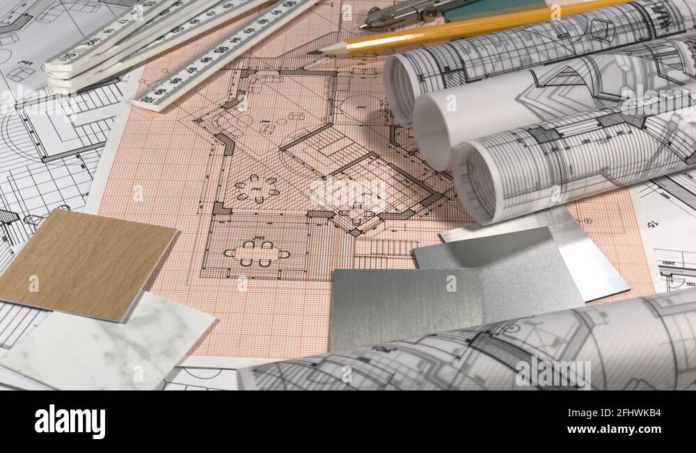Blueprints: architectural drawings, yardstick - folding ruler & samples ...