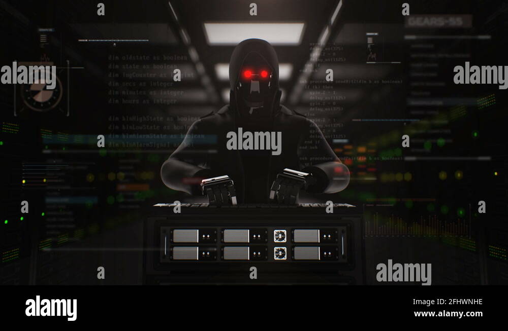 Robot Hacker working on a computer, 'HACKER' artificial intelligence ...