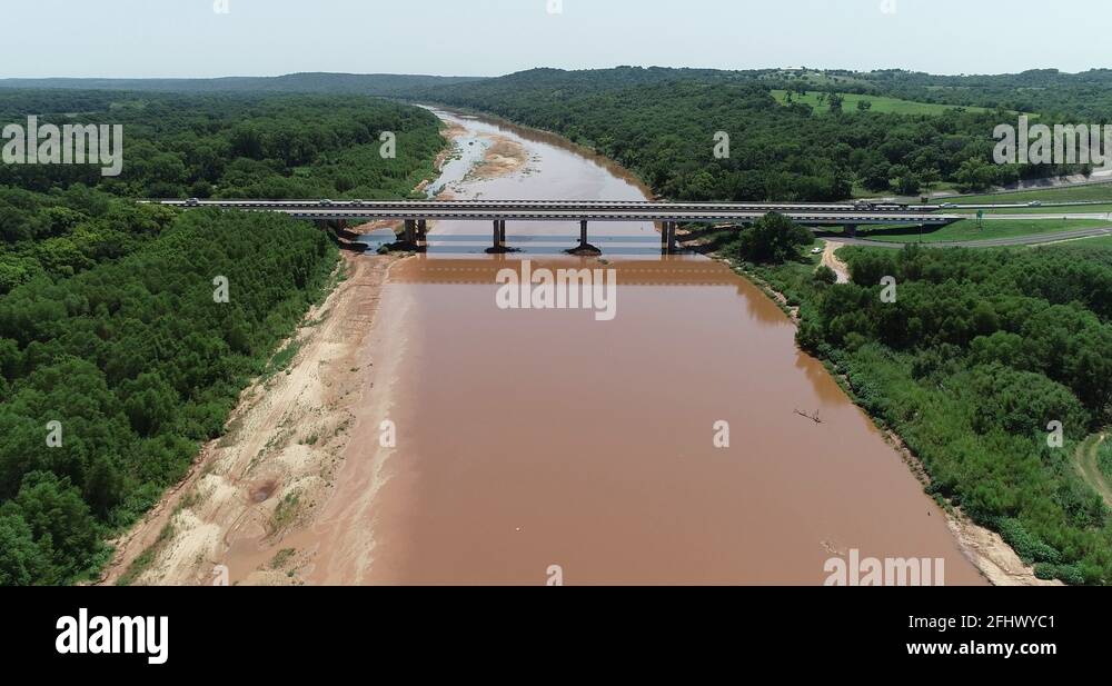 Aerial video of the Red River which borders between Texas and Oklahoma ...