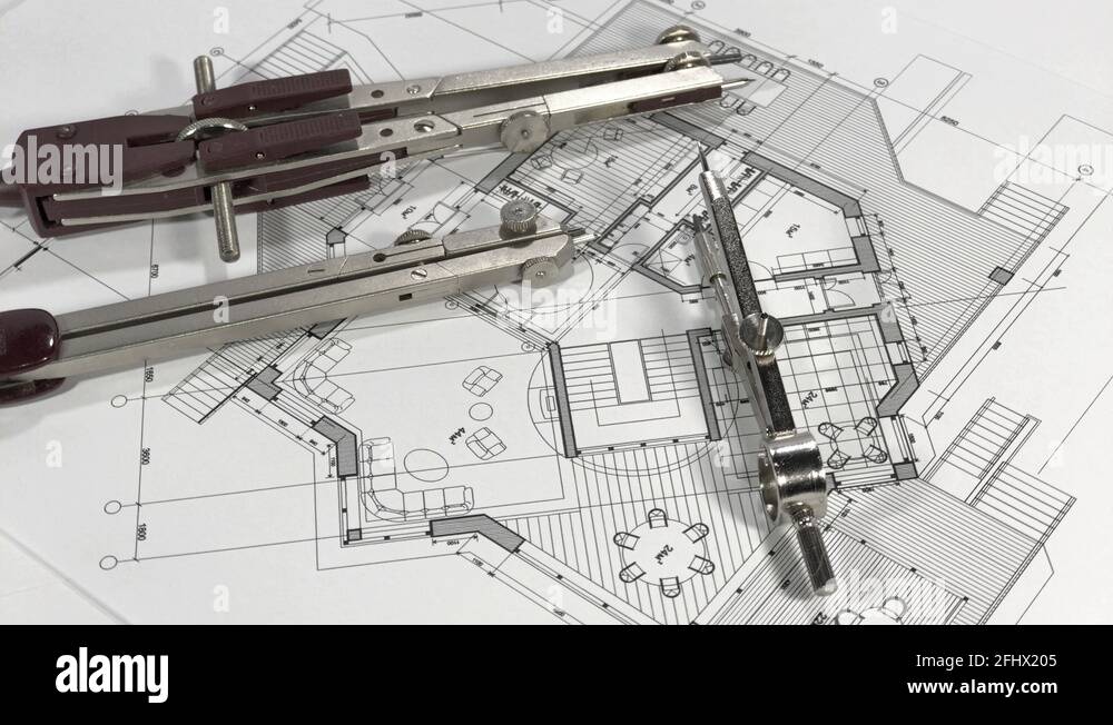 Blueprint - architectural plan of a modern house and compass Stock ...