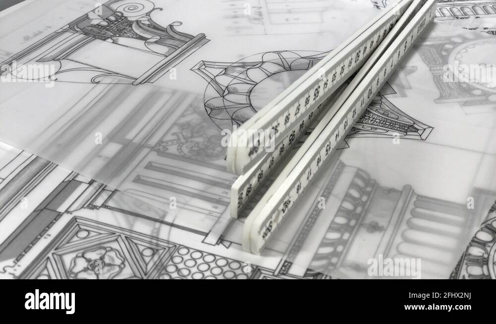 blueprints - architectural drawings, yardstick - folding ruler and ...