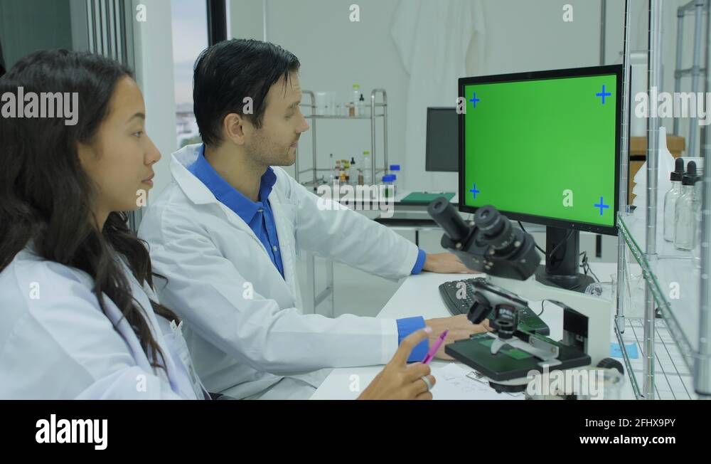 Two medical research scientists looking at green screen in the modern ...