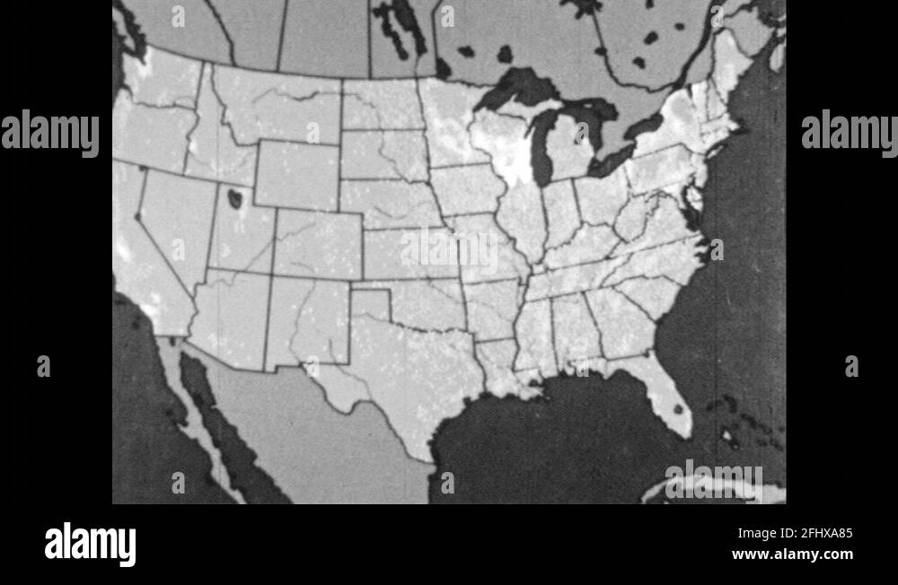1960s: Map of the United States with white marked areas across it ...