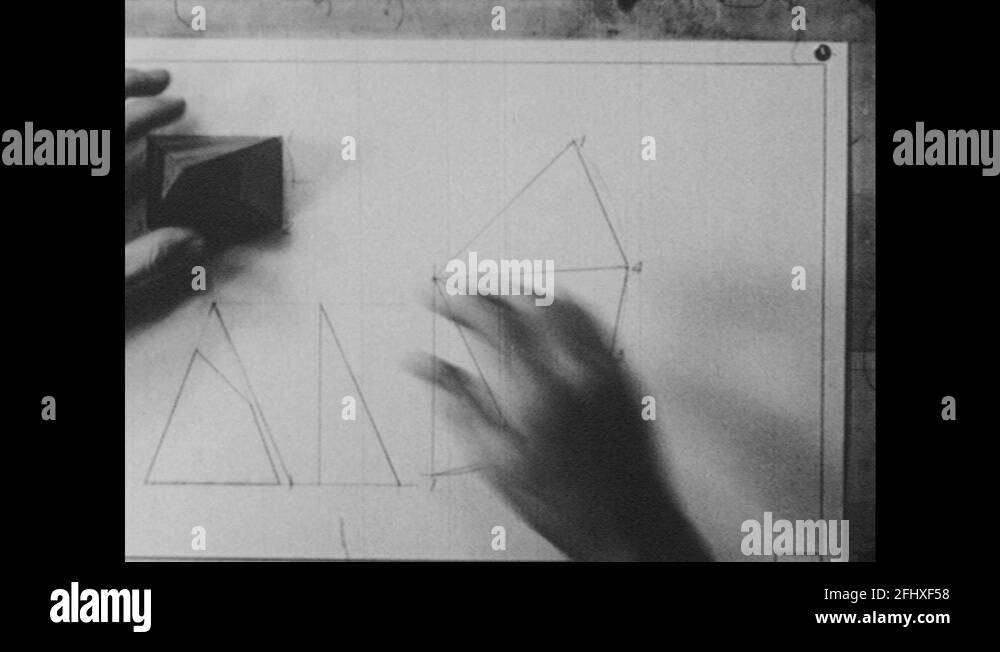 1940s: A hand takes a pyramid cut in half, matches it with a geometric ...