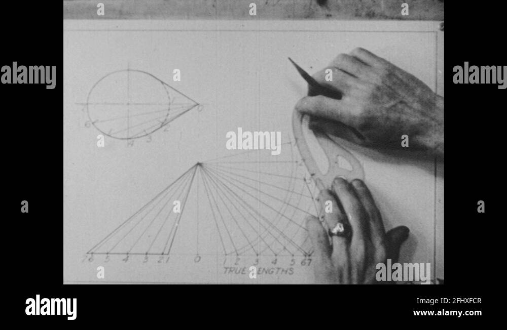 1940s: Hands draw a curved line with a curvy ruler and pencil on paper ...