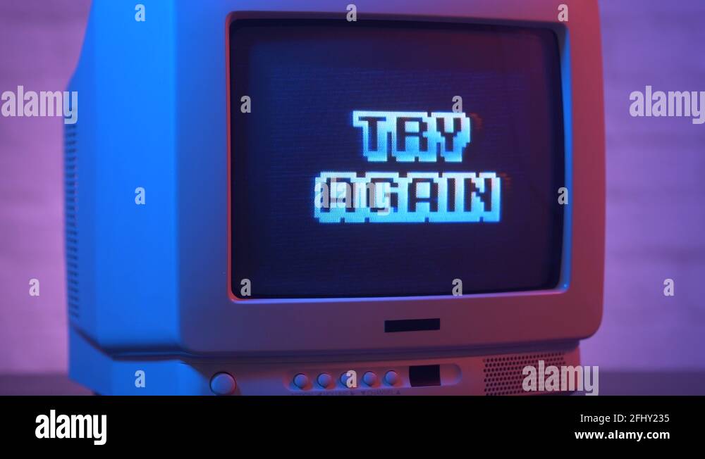 TRY AGAIN Vintage Video Game on Old 80s 90s TV Screen Retro Stock Video ...
