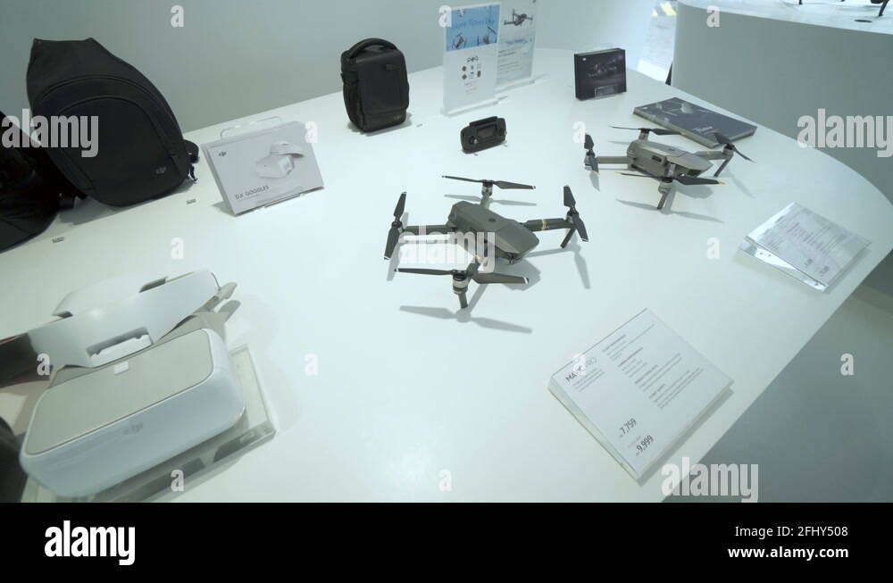 DJI Drone store in HK. Showcases with camera gimbals, flight platforms ...