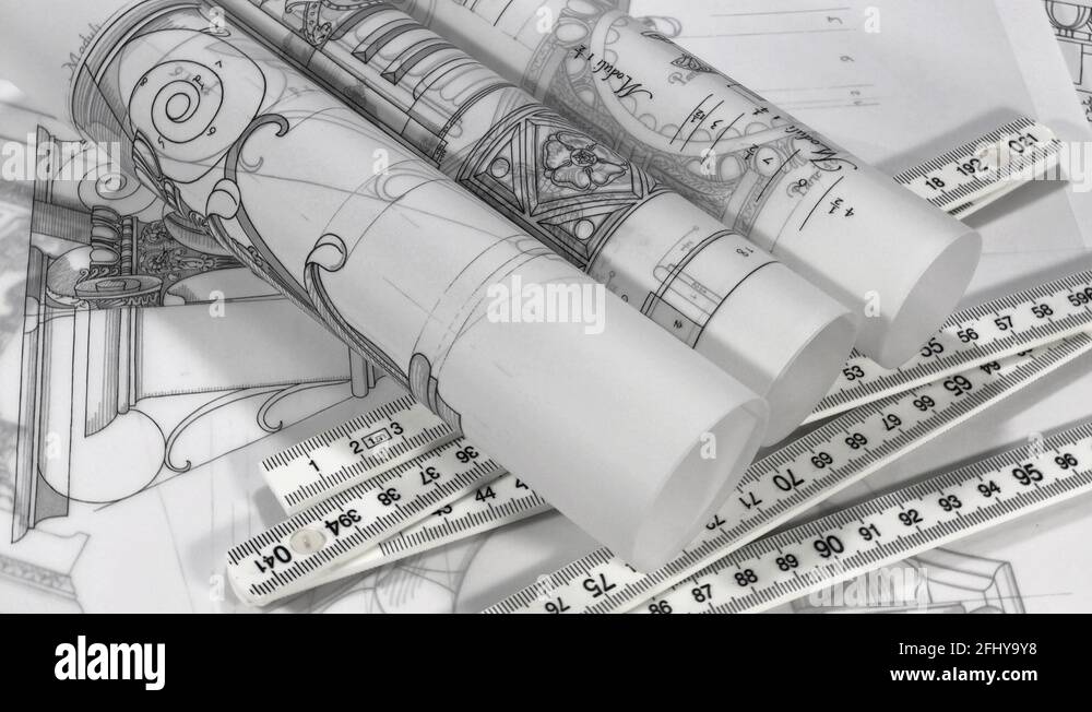 Blueprints - rolls of architectural drawings, yardstick - folding ruler ...