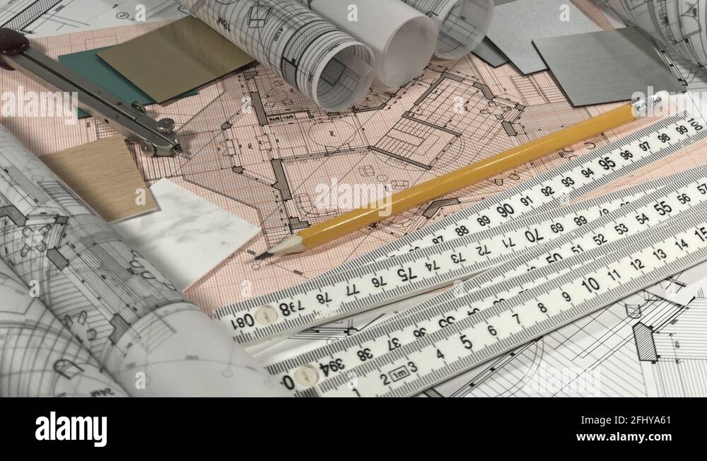 Blueprints: architectural drawings, yardstick - folding ruler & samples ...